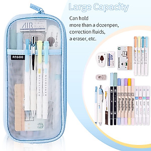 EASTHILL Grid Mesh Pen Pencil Case with Zipper Clear Makeup Color Pouch Cosmetics Bag Multi-Purpose Travel School Teen Girls Transparent Stationary Bag Office Organizer Box for Adluts(Blue)