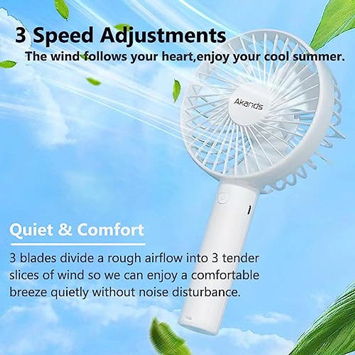 AKANDS Mini Portable Electric Fan, USB Rechargeable Handheld Fan Three-Speed Adjustment, Personal Fan with Phone Holder Base, Lightweight Fan for Stylish Girls, Women and Men Indoor Outdoor (Blue)