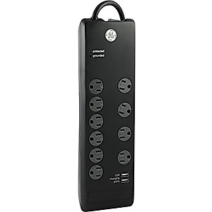 GE Surge Protector with 10 Outlets and 2 USB Ports, Twist-to-Lock, Black, 13476