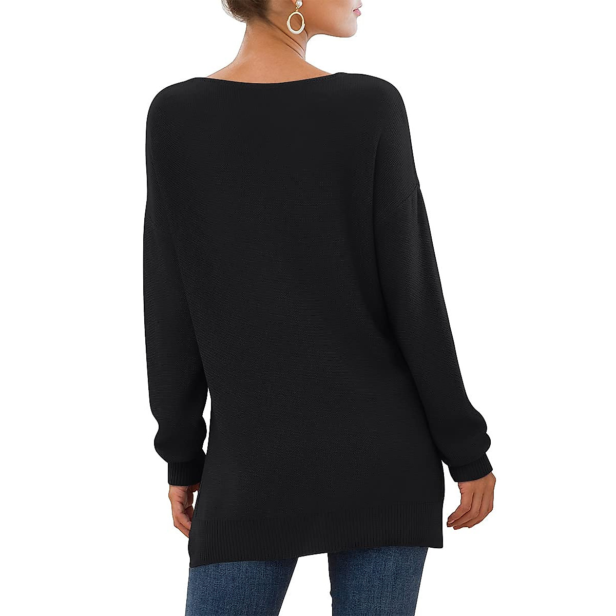 GRECERELLE Women's V-Neck Long Sleeve Side Split Loose Casual Knit Pullover Sweater Blouse Black-Medium