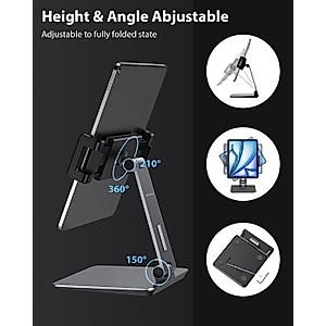 Maxonar iPad Stand Holder, Heavy-Duty Aluminum Alloy Tablet Stand, 360° Swivel Foldable iPad Pro Air Charging Stand Holder for Desk Bed Store POS Showcase Reception Kitchen Office (6-13''), Grey