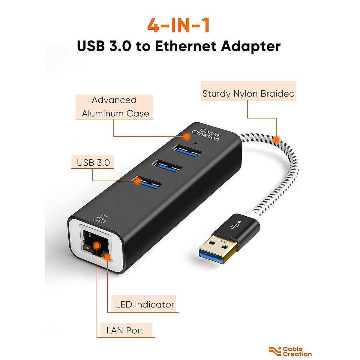 USB to Ethernet Adapter, CableCreation 3-Port USB 3.0 Hub, USB 3.0 Ethernet Adapter RJ45 10/100/1000 Mbps Gigabit Compatible with Windows PC, Laptop, MacBook Pro, USB Flash Drives etc, Aluminum Black