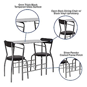 Flash Furniture Sutton 3 Piece Space-Saver Bistro Set with Black Glass Top Table and Black Vinyl Padded Chairs