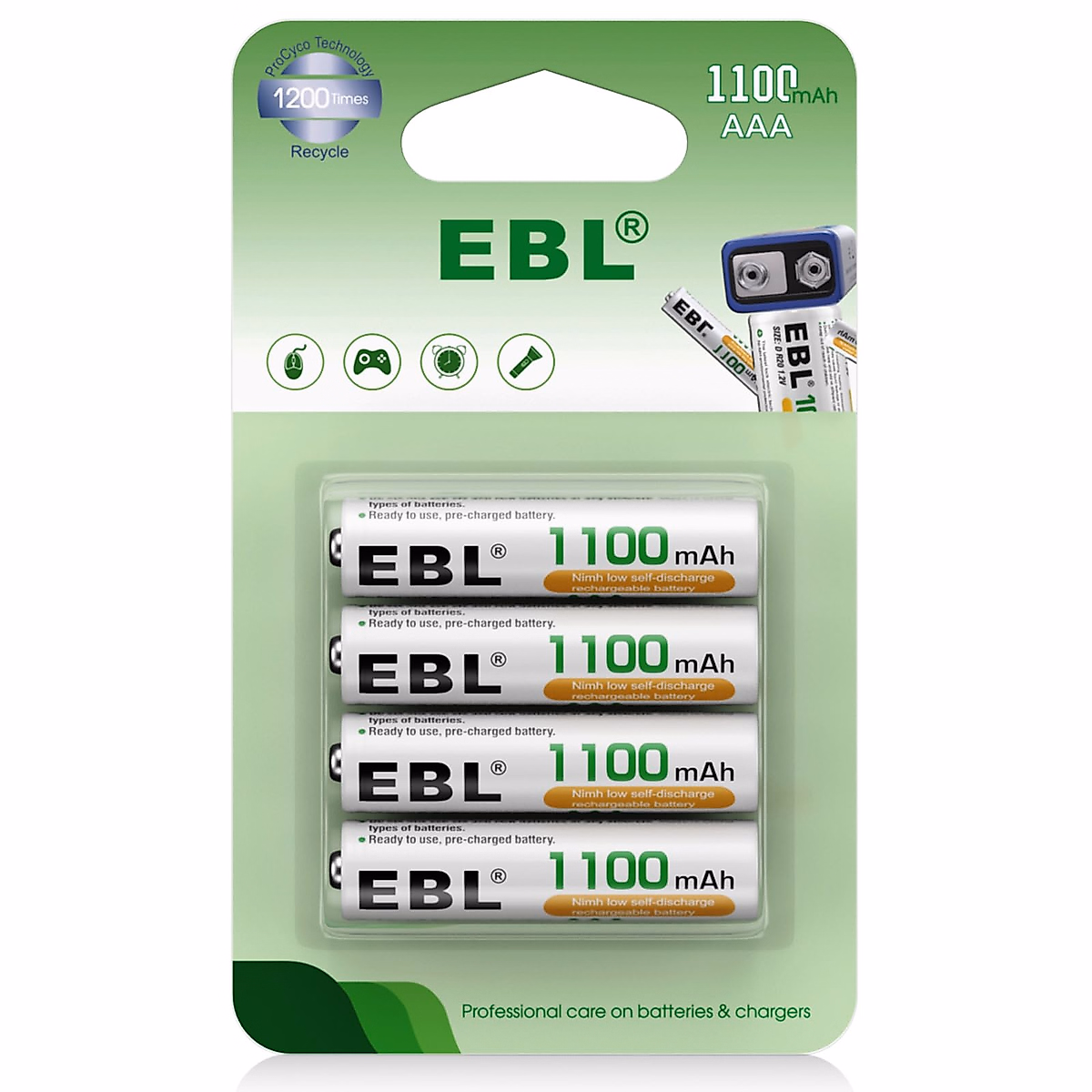 EBL AAA Rechargeable Batteries (4 Counts) 1100mAh Pre-Charged Triple A NiMH Battery with Retail Package