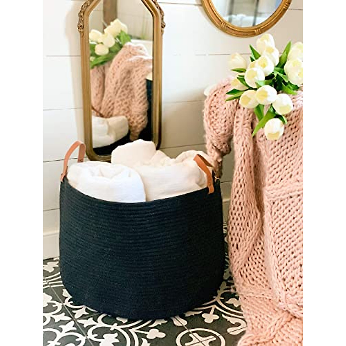 OrganiHaus Black Baskets for Organizing 20x13 | Large Blanket Basket for Living Room | Toy Storage Basket for Kids | Cotton Rope Basket w/Handles | Large Basket for Blankets | Large Storage Basket