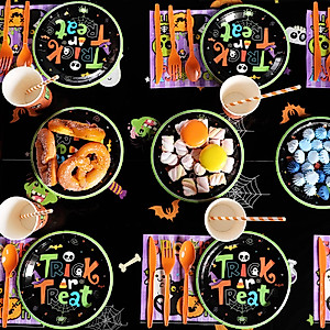 194 Pieces Halloween Party Supplies Tableware Set,Paper Dessert Plates Cups and Napkins Plastic Tablecloth Disposable Straws Knives Forks for Happy Halloween Holiday Party Decorations