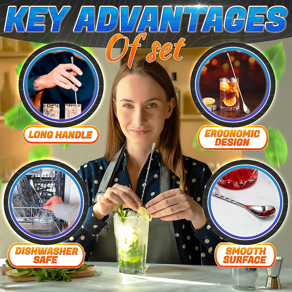 4Pcs Bar Spoon Cocktail Mixing Spoon - 12" Drink Mixer Metal Spoons Cocktail Stirrers Long Spoons for Stirring Spoons Set Cocktail Spoon Long Handle - Christmas Cocktail Mixers Long Spoon Bar Spoons