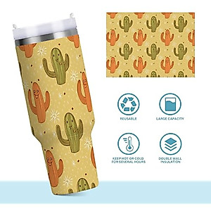ODAWA Large Travel Insulated Tumblers with Handle and Straw, Mexican Cactus Double Wall Insulated Tumbler