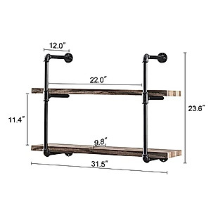 HOMISSUE 2-Shelf Rustic Pipe Shelving Unit, Vintage Industrial Pipe Wall Shelf, Retro Brown