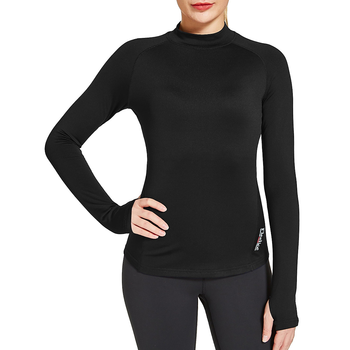 FitsT4 Sports Women's Thermal Tops Long Sleeve Fleece Lined Shirts Mock Neck Workout Running Cold Weather Gear Thumbholes Black L