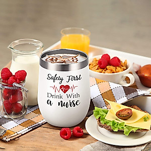 GINGPROUS Safety First Drink with a Nurse Wine Tumbler, Nurse Birthday Idea for Nurse New Nurse Doctor Nurse's Day, 12 Oz Funny Stainless Steel Stemless Wine Tumbler with Lid and Straw, White