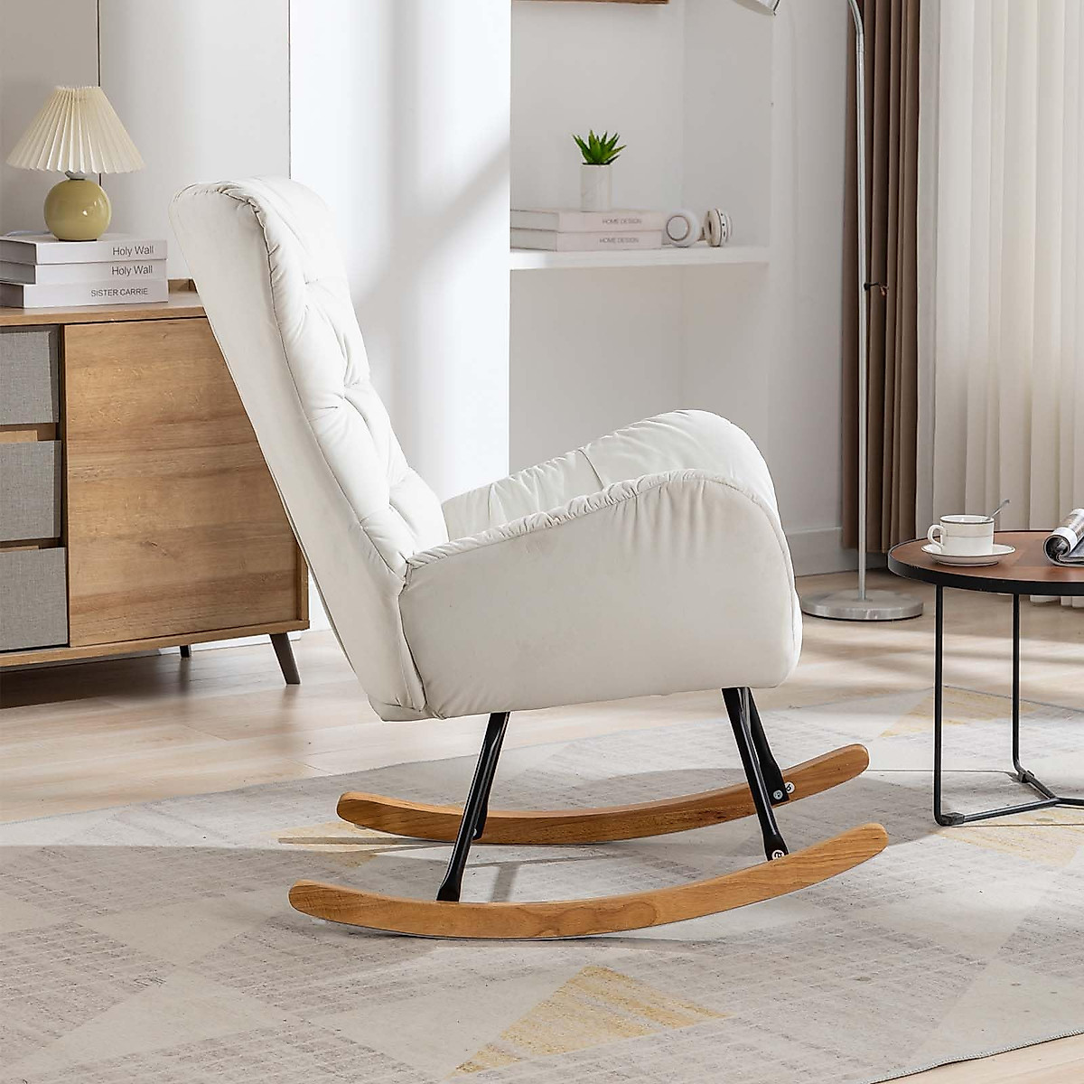 JEEOHEY Nursery Rocking Chair,Velvet Upholstered Glider Rocker Chair,Comfy Arm Chair,Modern Baby Rocking Accent Chair Indoor for Living Room, Bedroom,Office(Ivory)