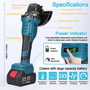Cordless Angle Grinder, Weytoll 21V Brushless Cordless Grinder, Electric Grinding Wheels, Lithium Cutter Utility Power Tool 125mm M14 Angle Grinder With wrench, Assist Grip Handle and Baffle