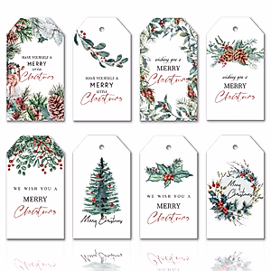 Whaline 120Pcs Christmas Paper Gift Tags with Hemp Rope Watercolor Xmas Tree Pinecone Deer Paper Tags Holiday Hanging Labels Pre-Punched with Holes, 8 Design