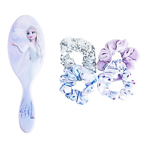 Frozen Princess Elsa Hair Accessory 5 Pcs Set - 1 Regular 9 inch Frozen Hairbrush & 4 Frozen Scrunchies - Detangling Brush & Elastic Hair Ties Ropes for Girls, Ages 3+