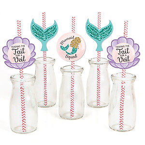 Trading The Tail for A Veil - Paper Straw Decor - Mermaid Bachelorette Party or Bridal Shower Striped Decorative Straws - Set of 24
