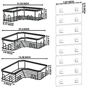 Menbyci 3 Pack Corner Shower Caddy, Stainless Steel Corner Shower Shelf with 18 Hooks, Adhesive Shower Shelves Shower Organizer Corner for Bathroom Storage (Black)