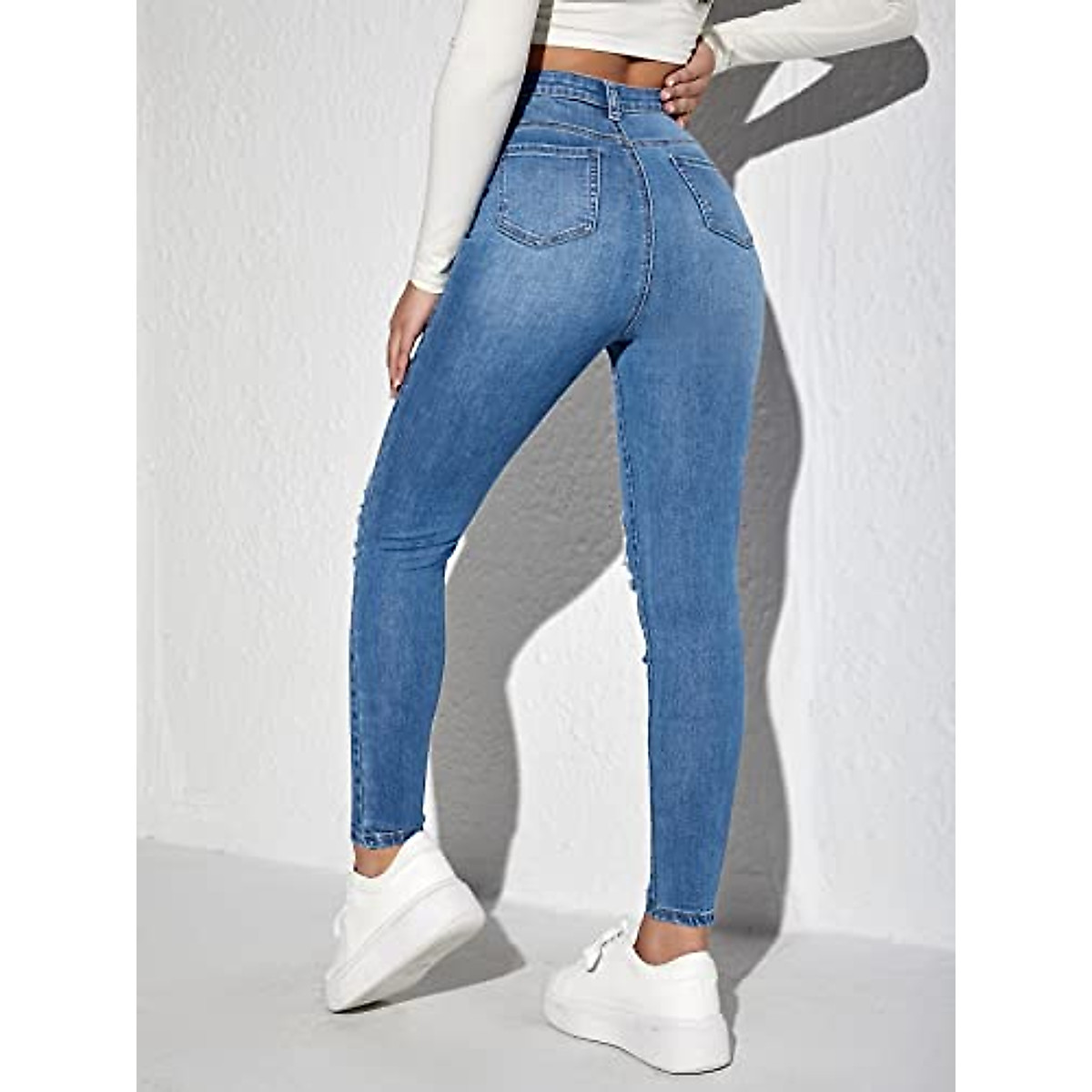 MakeMeChic Women's Ripped Skinny Jeans Casual High Waisted Distressed Stretch Denim Pants Blue A L