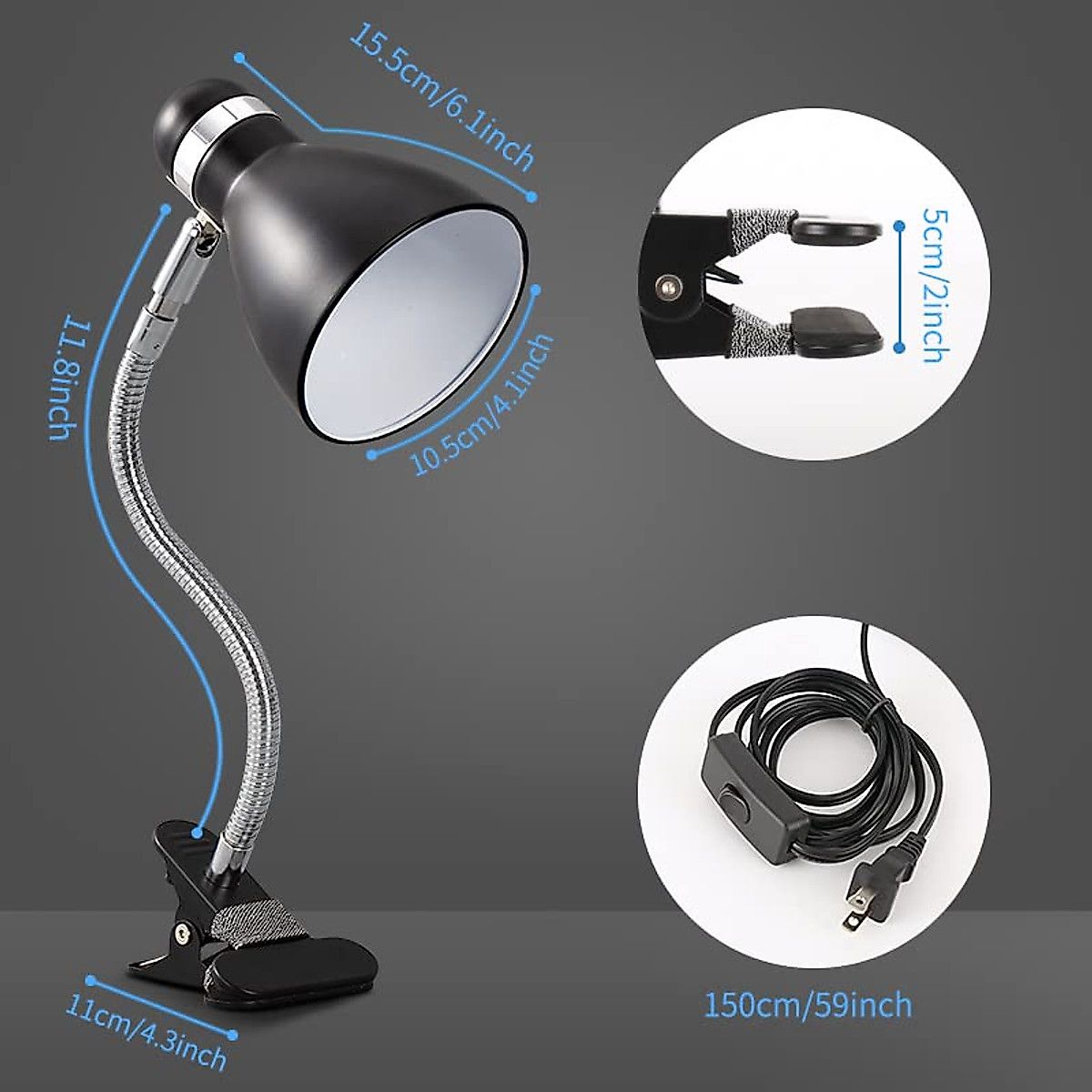 Metal Desk Lamps Clip on Lamp Clip on Light Portable Clamp On Reading Light,Eye-Caring Study Table Lamp with Flexible Goose Neck for Bedroom and Office Home Lighting (Black)