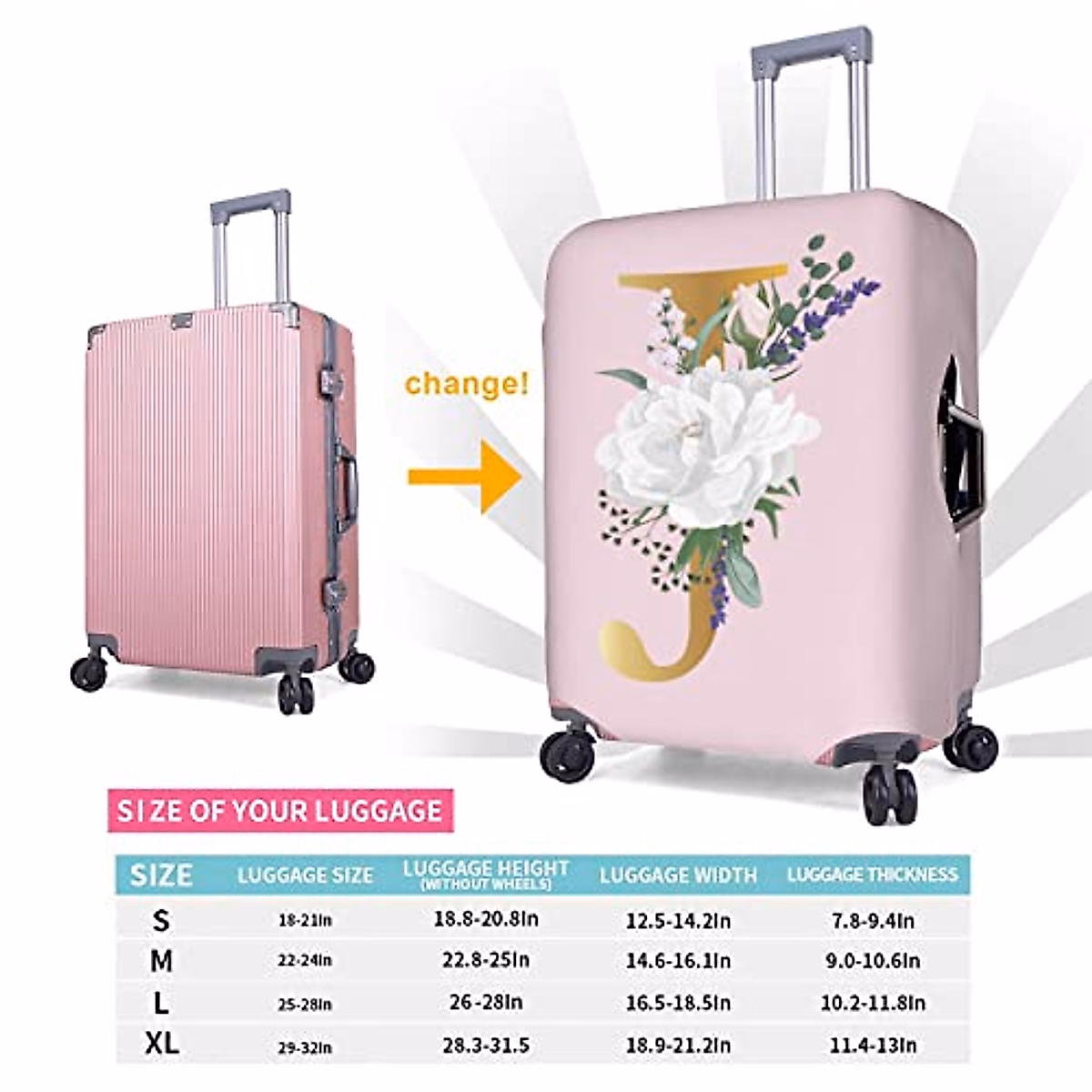 Flower Lette J Pink Luggage Cover Elastic Washable Stretch Suitcase Protector Anti-Scratch Travel Suitcase Cover for Kid and Adult M (22-24 inch suitcase)