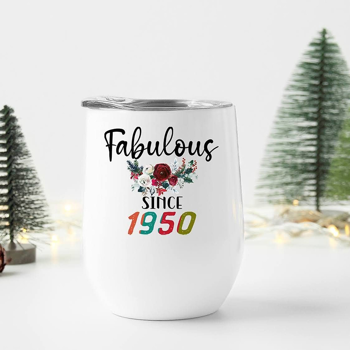 PAW8888 Fabulous Since 1950 74th Birthday Wine Tumbler Gifts for Her, Women, Wine Glass with Lid Birthday Gift Friend Coworker Wife Sister, Grandma, Bestie Christmas Gift - White