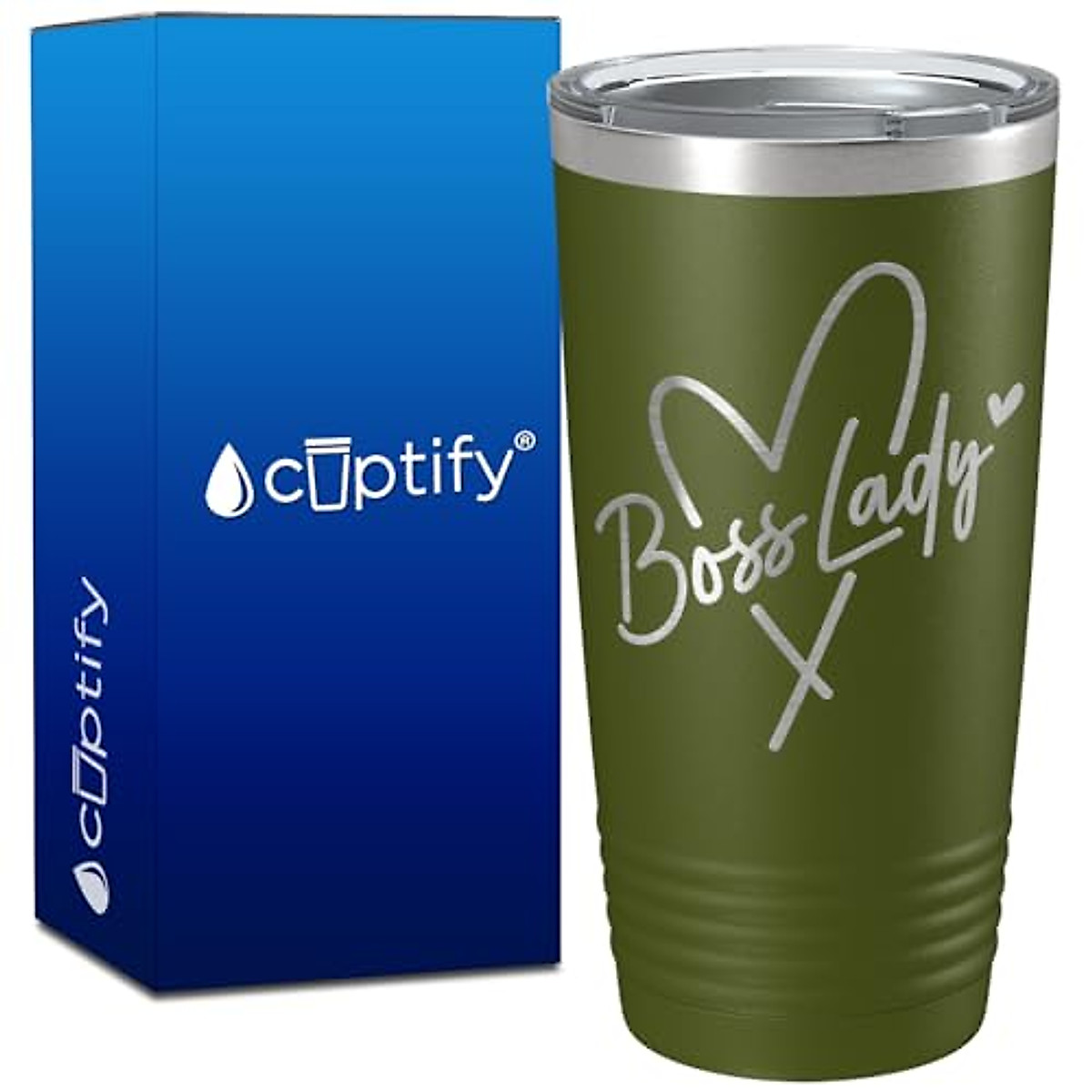 Boss Lady Big Heart Tumbler Birthday Gifts for Women, Coworker, Boss on Army Green 20 oz Stainless Steel Insulated Cup with Lid - Travel Mug for Mom