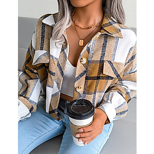 Gihuo Women' s Cropped Shacket Plaid Jacket Button Down Flannel Shirts Outerwear(Khaki-Large)