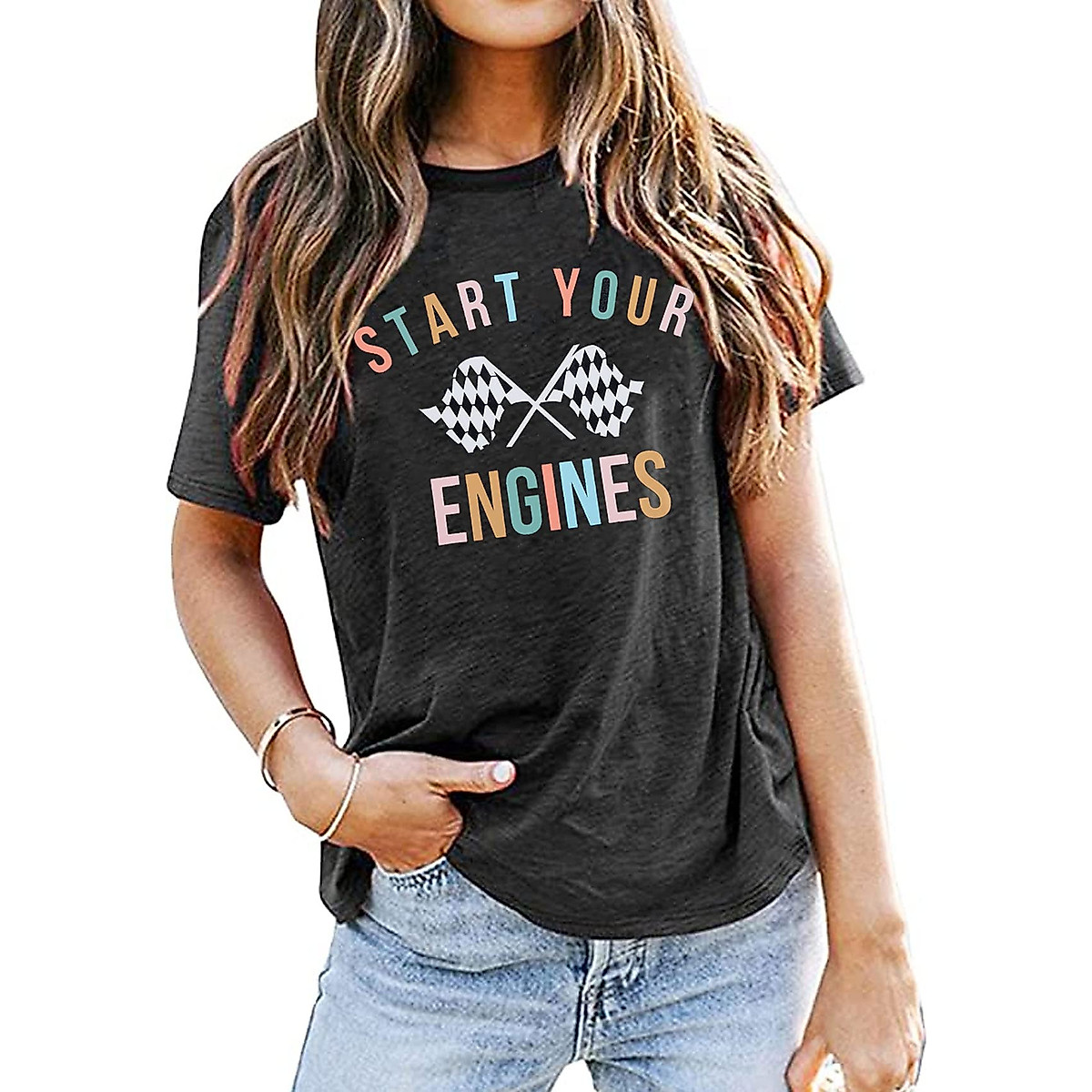 BANGELY Start Your Engines Tshirt Checkered Flag Racing Shirts Raceday Casual Unisex Short Sleeve Tee Tops
