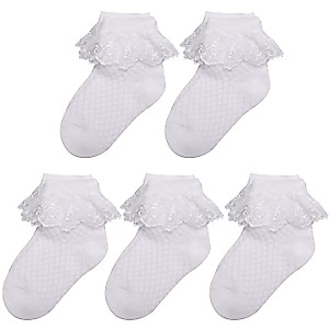 Looching 4/5 Pair Baby Girls Eyelet Ruffle Cotton Lace Socks White Princess Dress Socks For Toddler Kids Child 1-10 Years (as1, age, 8_years, 10_years, White)