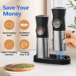 2023 Upgraded Electric Salt and Pepper Grinder Set Rechargeable, Automatic Salt and Pepper Grinder with LED Light, Adjustable Coarseness One Hand Operation Gravity Pepper Mill Grinder Refillable
