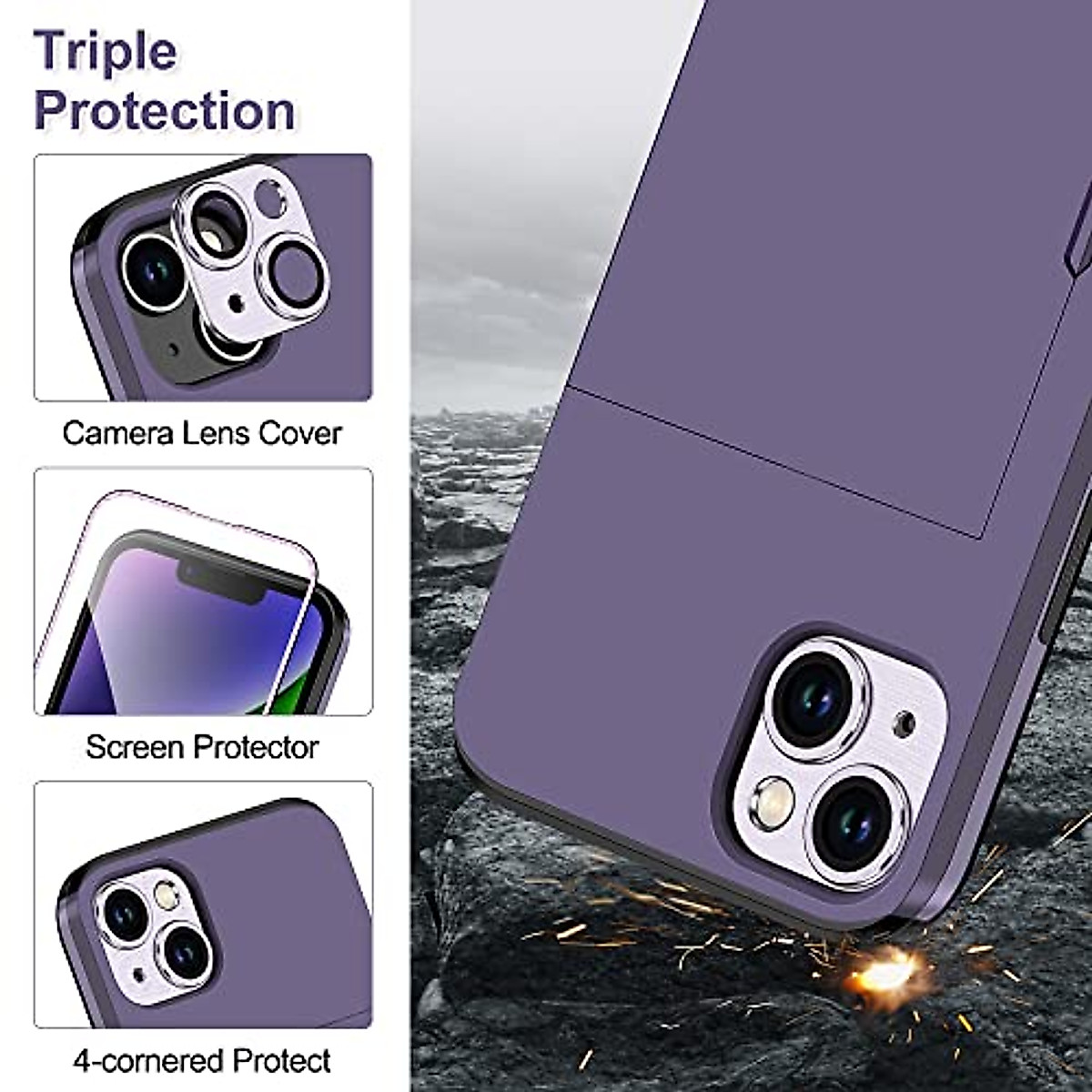 SAMONPOW for iPhone 14 Case with Screen Protector & Camera Cover 4-in-1 Full Body Hybrid iPhone 14 Case Wallet Card Slot Holder Shockproof Bumper Armor Protective Case for iPhone 14 for Women Men
