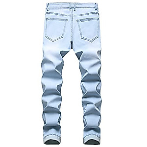 nlsxmx Men's Slim Fit Biker Jeans, Ripped Stretch Distressed Destroyed Straight Leg Moto Denim Pants(Light Blue,34)