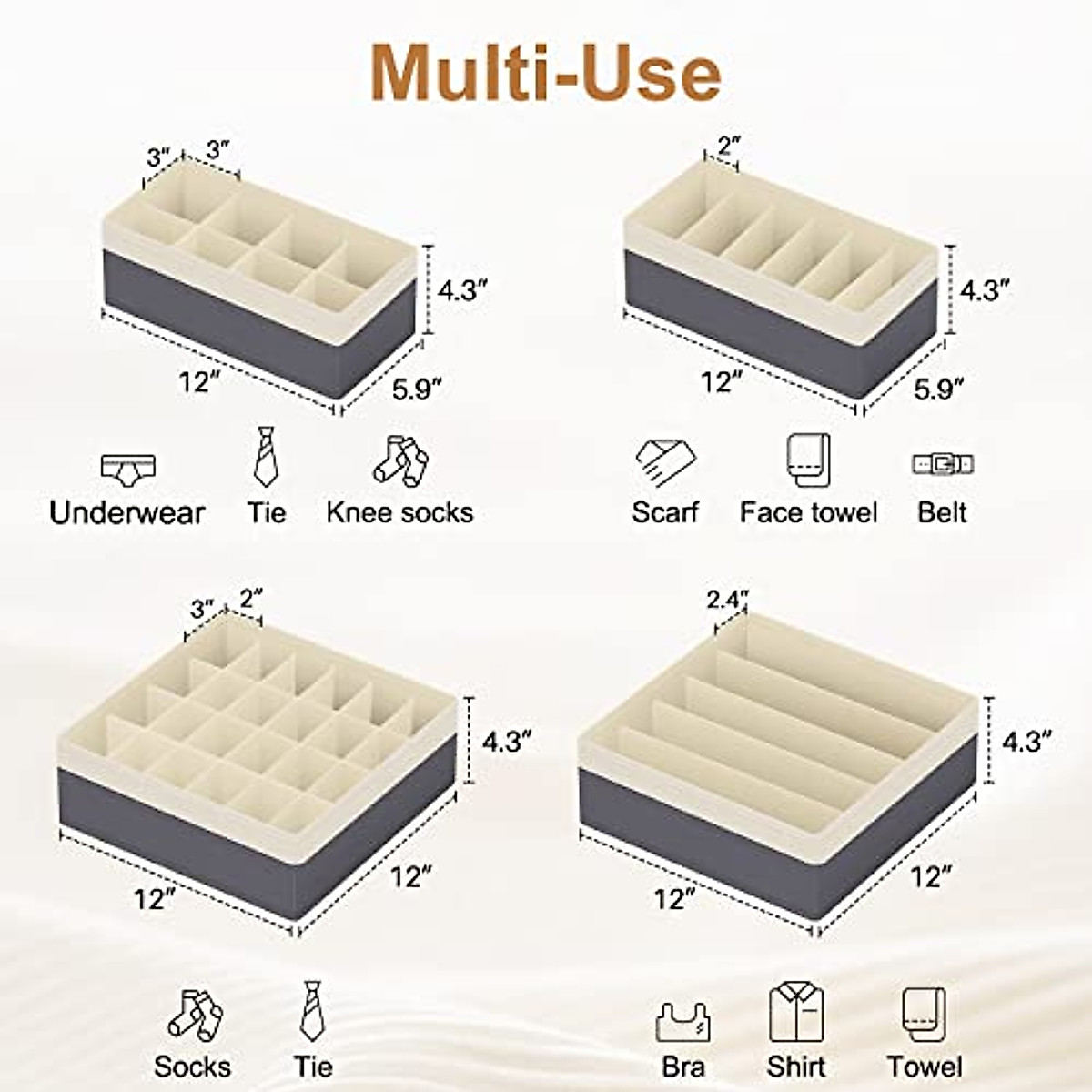 StorMiracle Drawer Organizer Divider, Foldable Closet Storage Organizer Basket, and Fabric Organization Bins for Clothes, Socks, Underwear, Bras, Ties, Accessories, 4 Pcs (Beige & Dark Grey)