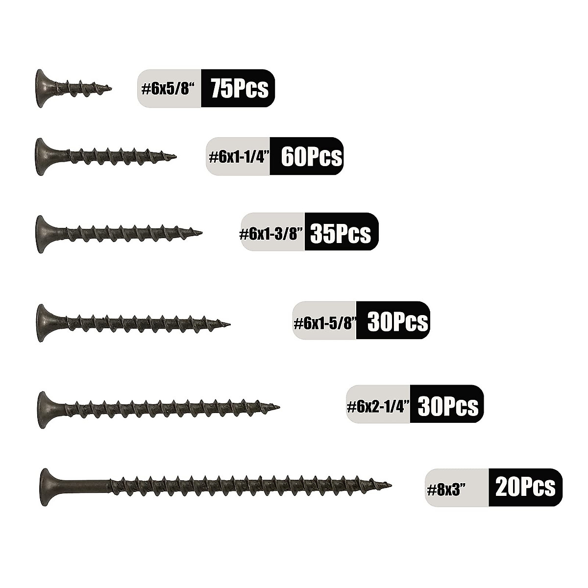 T.K.Excellent #6#8 Black Philips Bugle Head Wood Screws,Coarse Thread Sharp Point Drywall Screws Assortment Kit,250 PCS