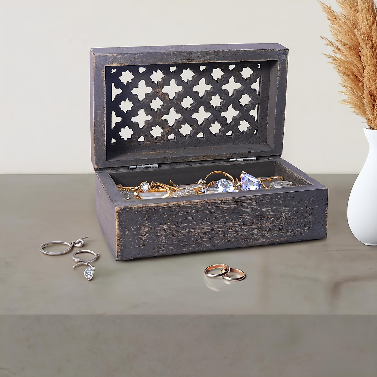 Mela Artisans Medium Keepsake Box with Hinged Trellis Lid - Distressed Dove | Wooden Decorative Box | Keepsake Memory Box | Mango Wood Storage Box | Store Trinkets, Cards & Stash | 7.5” x 4.5” x 3