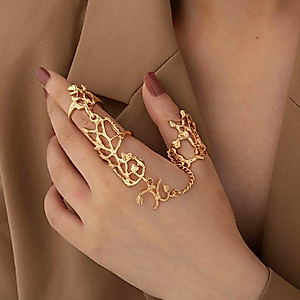 Obmyec Boho Finger Ring Hand Chain Gold Knuckle Ring Bracelets Punk Leaf Ring Harness Bracelet for Women (Gold)