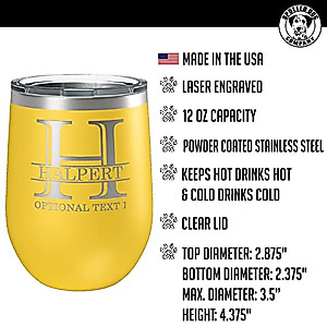 Personalized 12oz (17 Colors) Powder Coated Stainless Steel Stemless Wine Tumbler with Lid, Custom Etched, Customized Gift for Women Her, Wine Lover, Halpert Monogram Initial Name (Yellow)