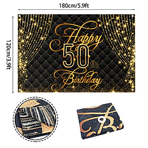 Happy 50th Birthday Banner Backdrop Royal Curtain Decorations Black Gold Background 50 Years Old Bday for Women Men Photography Party Decor Supplies