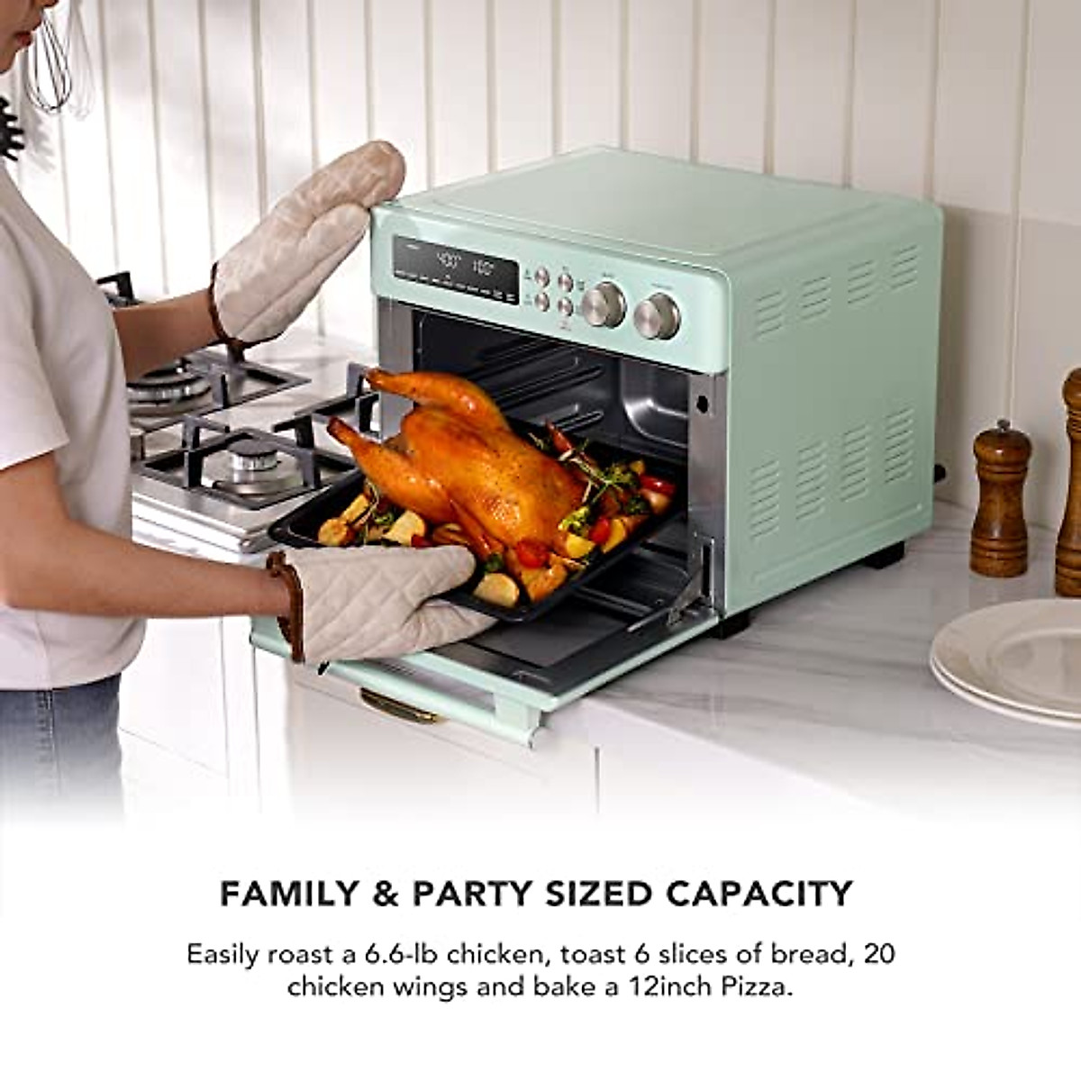 VAL CUCINA Retro Style Infrared Ultra-Quick Air Fryer Toaster Oven, Multifunctional 10-in-1 XL Countertop Convection Oven, 6-Slice Toast, 12-Inch Pizza, Enamel Baking Pan for Easy Cleaning, with Bake, Toast, Roast, Broil, Pizza, Reheat, Slow Cook, Dehydra