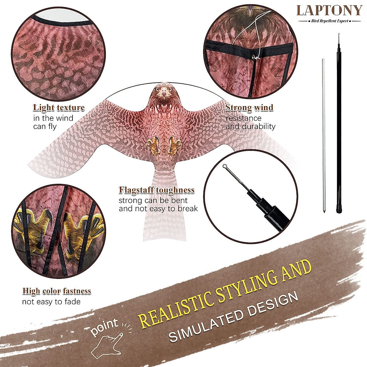 Flerigh Bird Hawk Flying Kite with Pole Crops Farm Protector Bird Scarer Flying Kite with 4m Pole-Style A