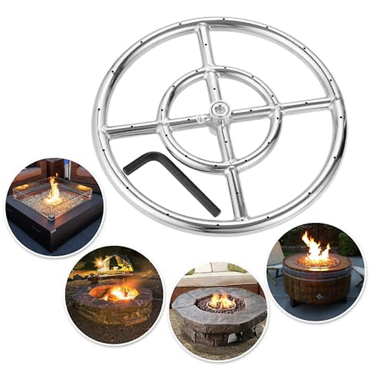 12" Fire Pit Ring Burner Kit, LP Propane Gas Fire Pit Stainless Steel Burner Ring Installation Kit, for Fire Pit Indoor Outdoor Camping Fireplaces with 1/2 Key Valve Air Mixer Valve Regulator Hose