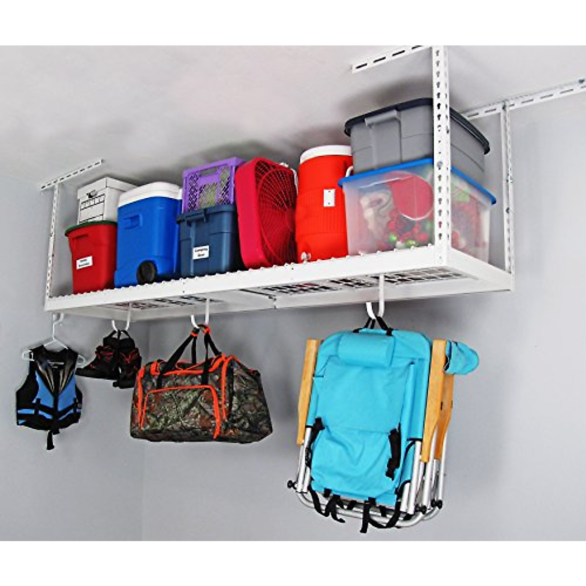 SafeRacks – 2x8 Overhead Garage Storage Rack - Height Adjustable Steel Overhead Storage Rack - 400 Pound Weight Capacity (White, 12"-21")