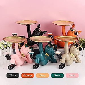 Resin Bulldog Storage Tray Key Candy Jewelry Earrings Tray, 2 Metal Trays Animal Sculpture Table Decoration French Bulldog Figurine Sculptures for Home Decor Living Room Office Fun Ornament (Black)