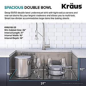 KRAUS Kore™ Workstation 33-inch Undermount 16 Gauge Double Bowl Stainless Steel Kitchen Sink with Accessories (Pack of 8) with WasteGuard™ Continuous Feed Garbage Disposal, KWU112-33-100-75MB
