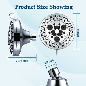 Aiscsc 8 Spray Modes Shower Head, 5 Inch High Pressure Shower Heads with 62 Anti-Clogging Nozzles and Adjustable Brass Ball Joint, Chrome Finish, Replacement for Bathroom Showerhead