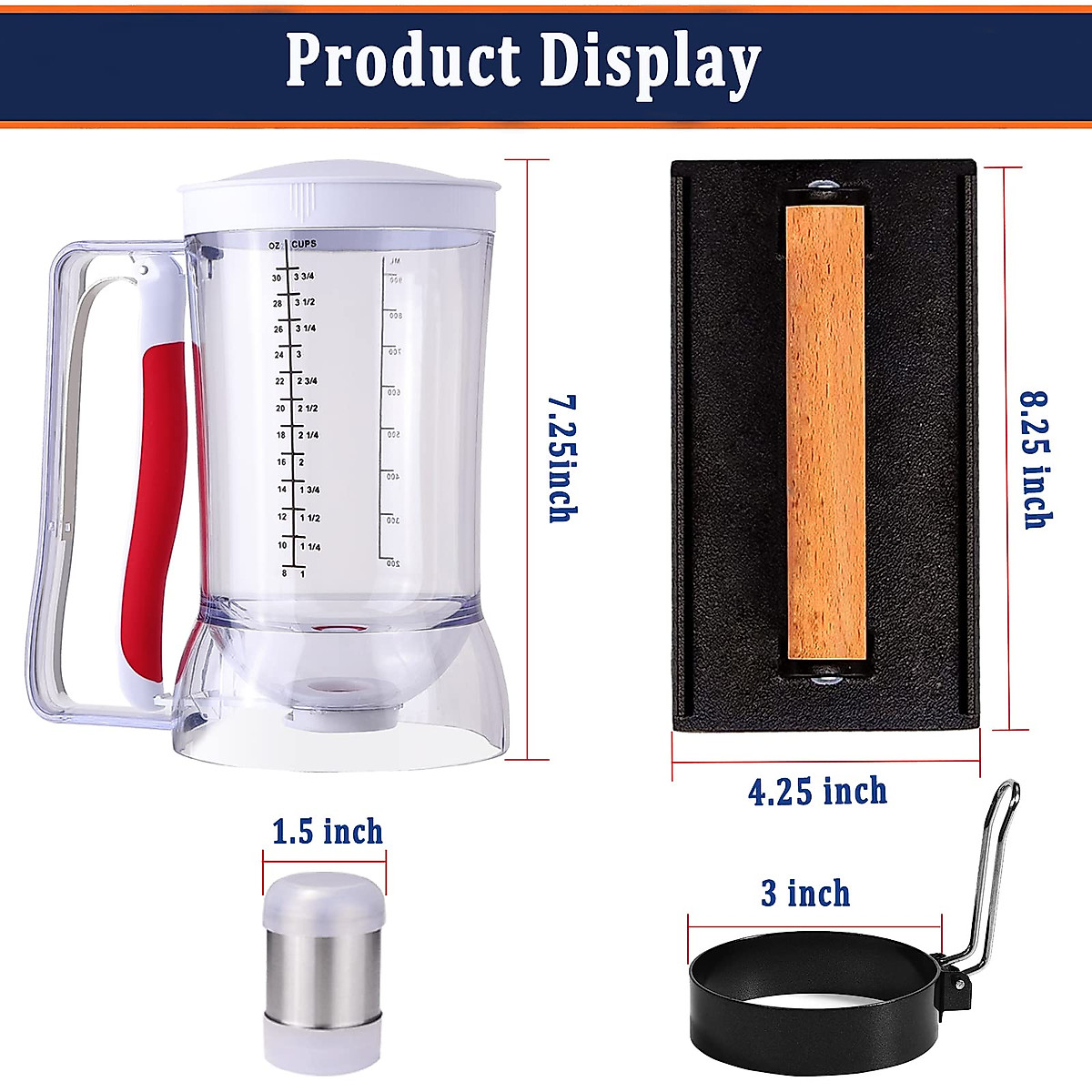 HSUJCYF Griddle Breakfast Kit for Blackstone, 8 Piece Griddle Accessories Set, Include Pancake Batter Dispenser, Heavy Duty Bacon Press, Egg Rings, Seasoning Bottles