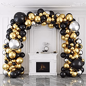 Holicolor 124pcs Black Gold and Silver Balloons Garland Arch Kit, 5 10 18 Inch Black Gold Silver Latex Party Balloons for Birthday Graduation Anniversary Wedding Decoration
