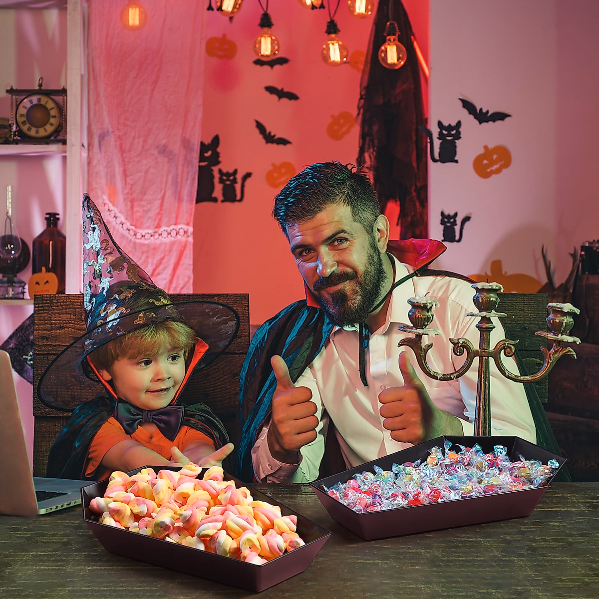 Wiwiqing 2 Pcs Halloween Candy Bowl Plastic Coffin Shaped Serving Tray Spooky Serving Dish Trick or Treat Candy Platter for Halloween Party Food Storage Charcuterie Board Serving Supplies (Castle)