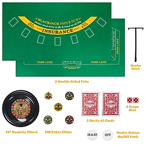 Brybelly Casino Night 4-in-1 Complete Game Set with Felts, Wheel, 100 Chips, Dice & Cards for Blackjack, Craps, Roulette & Texas Hold'em - Green Felt Double Sided Casino Tabletop Gaming Mat