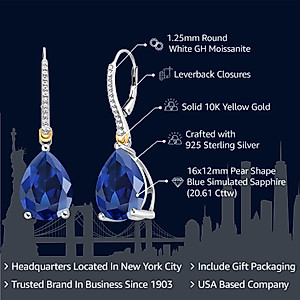 Gem Stone King 925 Sterling Silver and 10K Yellow Gold 16X12MM Pear Shape Gemstone Birthstone and White Moissanite Teardrop Drop Dangle Earrings For Women